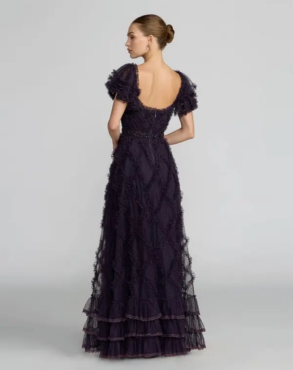 Mac Duggal Navy Tiered Ruffle Puff Sleeve Gown