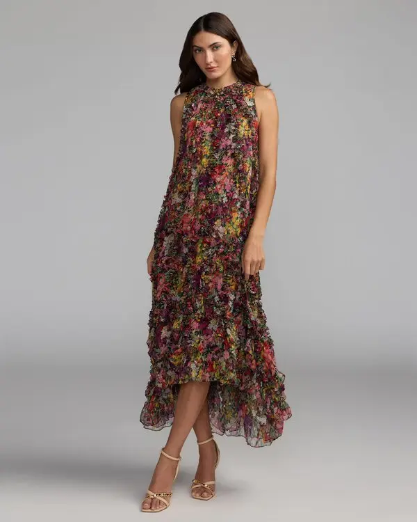 Mac Duggal Sleeveless Floral Micro Ruffle Trapeze Midi Dress - Multicolor