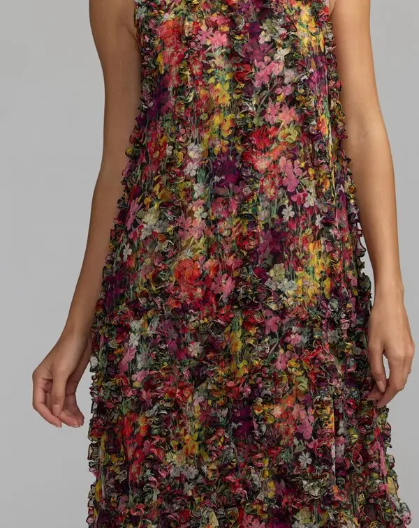 Mac Duggal Sleeveless Floral Micro Ruffle Trapeze Midi Dress