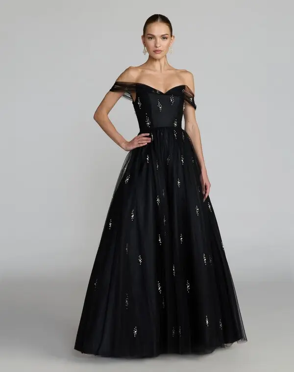 Mac Duggal Pearl Embellished Off The Shoulder Ball Gown - Black