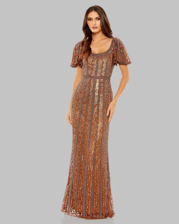 Mac Duggal Brown Beaded Flutter Sleeve Column Gown - Copper