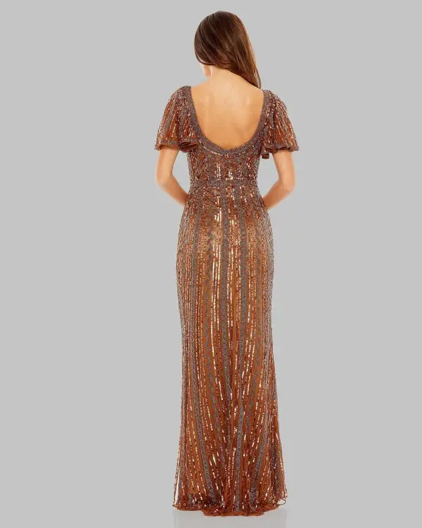 Mac Duggal Brown Beaded Flutter Sleeve Column Gown