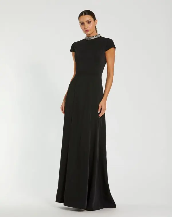 Mac Duggal Cap Sleeve Gown With Embellished Neckline - Black