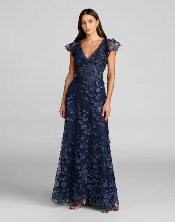 Mac Duggal Embroidered Applique Flutter Sleeve Gown - Navy