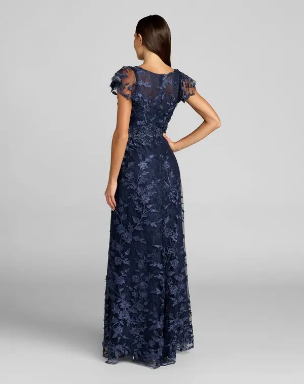 Mac Duggal Embroidered Applique Flutter Sleeve Gown