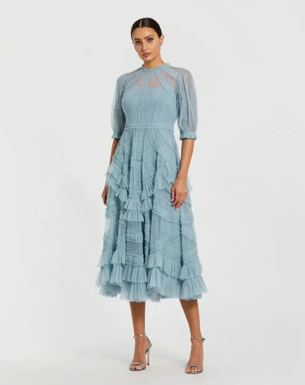 Mac Duggal Petite High Neck Ruffle Tiered A-line Midi Dress - Blue