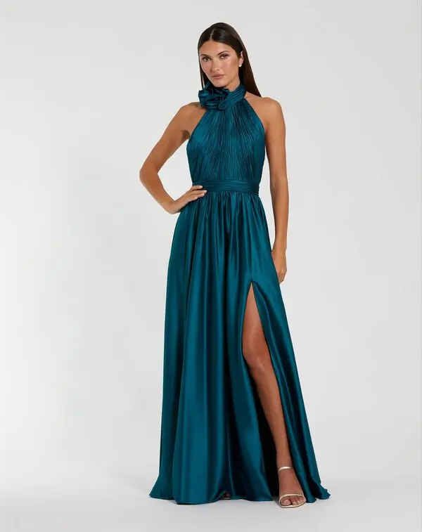 Mac Duggal Teal Halter Neck Open Back Satin Gown With Slit - Blue