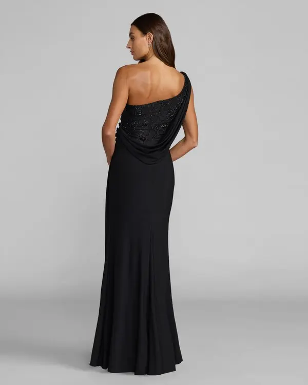 Mac Duggal One Shoulder Draped Jersey Gown With 3d Flowers