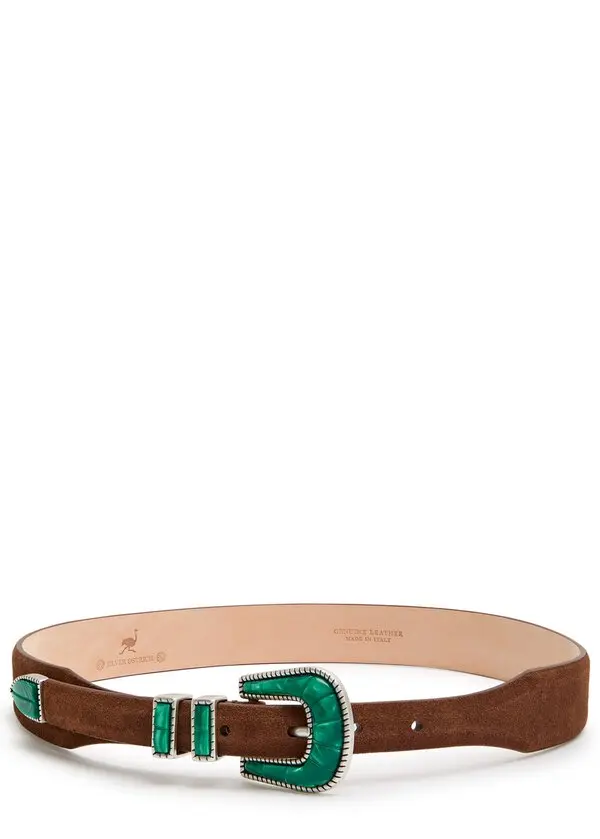 SILVER OSTRICH Suede Belt With Sculpted Hardware - Brown