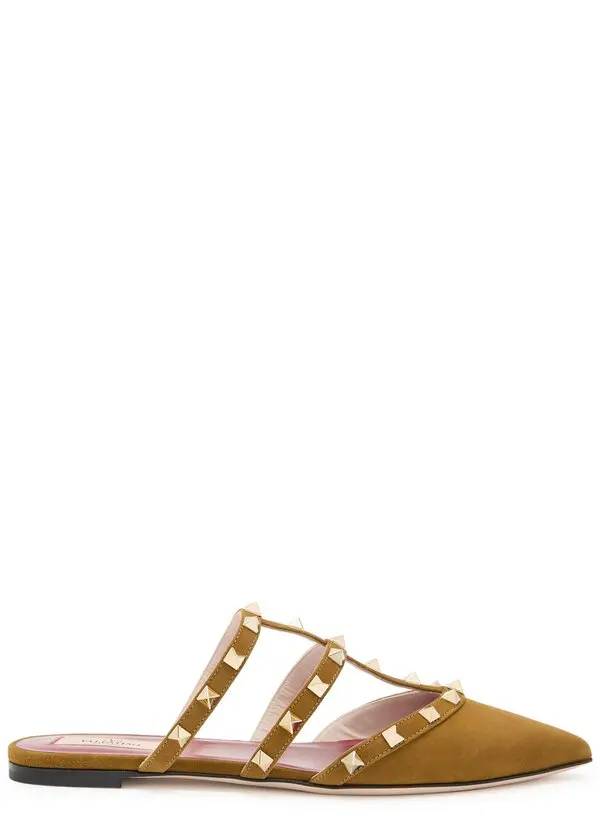 Valentino Garavani Rockstud Suede Pointed Toe Mules - Camel