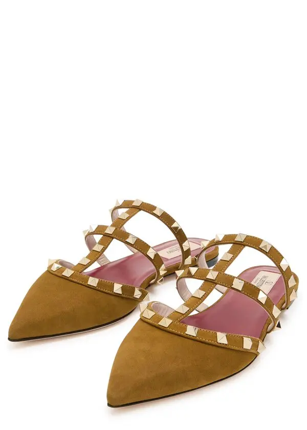 Valentino Garavani Rockstud Suede Pointed Toe Mules - Camel
