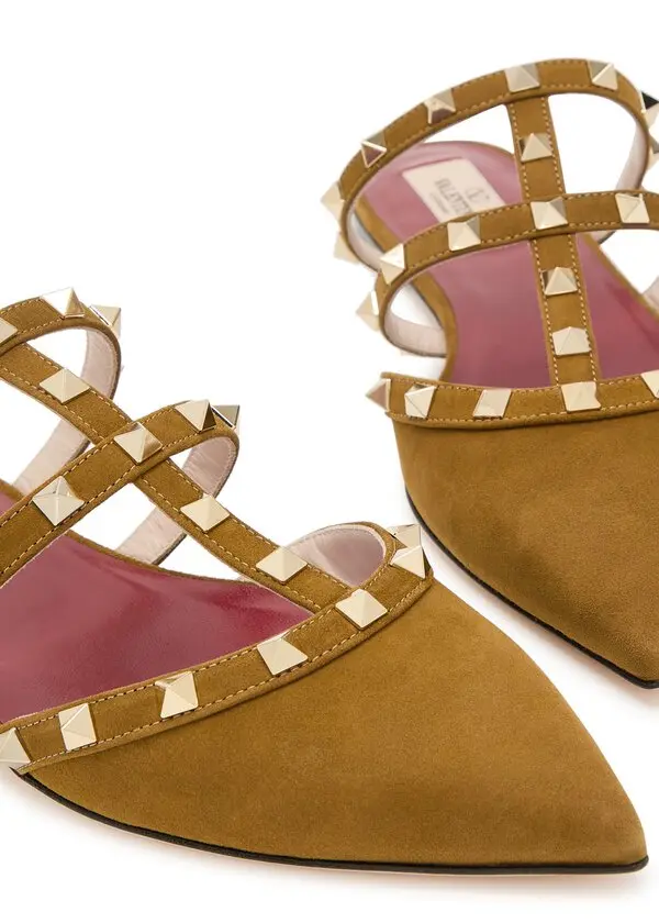 Valentino Garavani Rockstud Suede Pointed Toe Mules - Camel