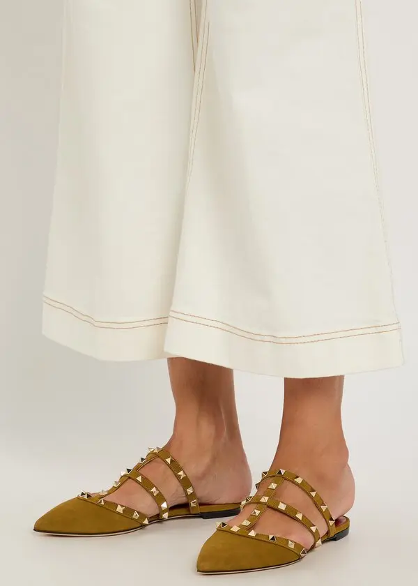 Valentino Garavani Rockstud Suede Pointed Toe Mules - Camel