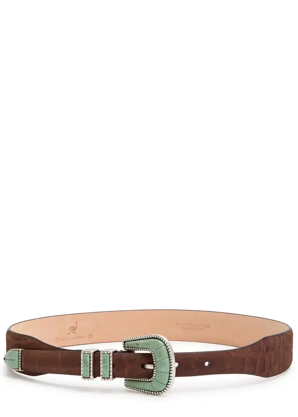 SILVER OSTRICH Embossed Nubuck Belt - Brown