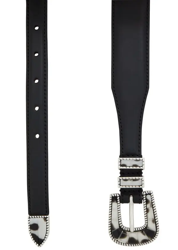 SILVER OSTRICH Wide Leather Belt With Tortoiseshell Detail
