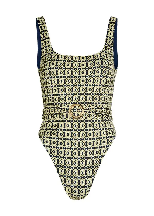 AWAY THAT DAY Cayman Printed One Piece Swimsuit With Belted Waist - Navy