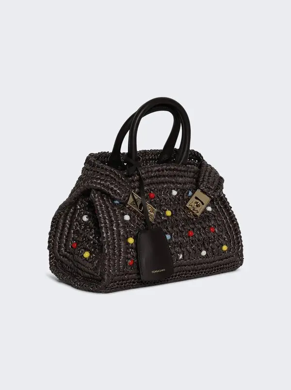 FERRAGAMO Raffia Mini Hug Handbag Brown