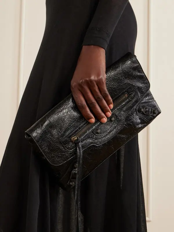 Balenciaga Le City Crinkled Leather Clutch With Detachable Wrist Strap - Black