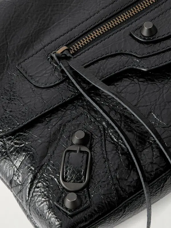 Balenciaga Le City Crinkled Leather Clutch With Detachable Wrist Strap - Black