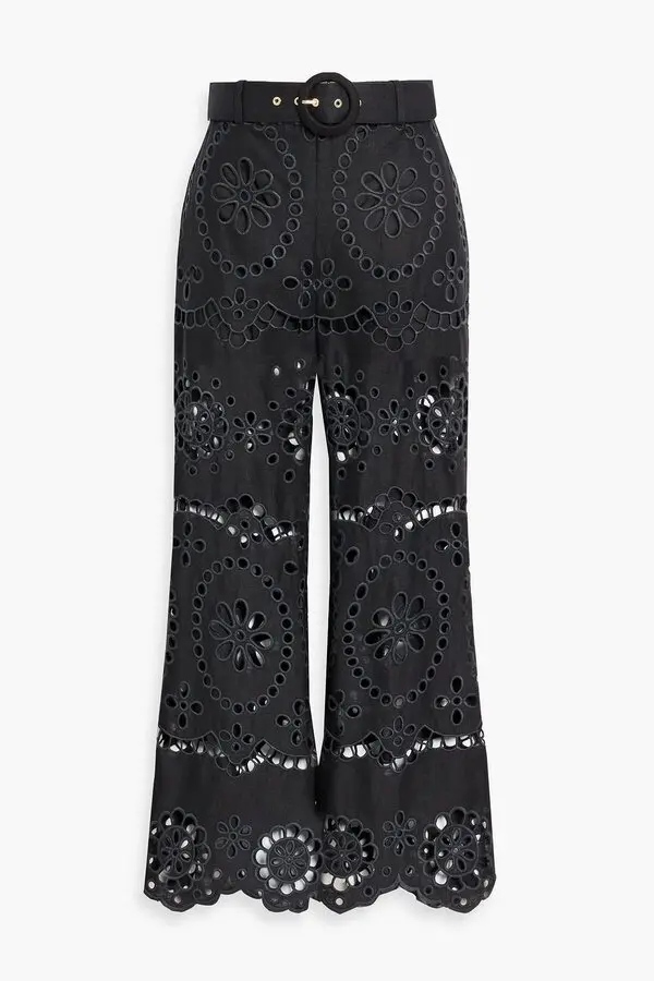 Zimmermann Belted Broderie Anglaise Linen Kickflare Pants - Black