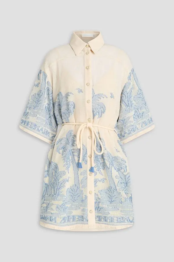 Zimmermann Frayed Cotton Jacquard Mini Shirt Dress - Ecru