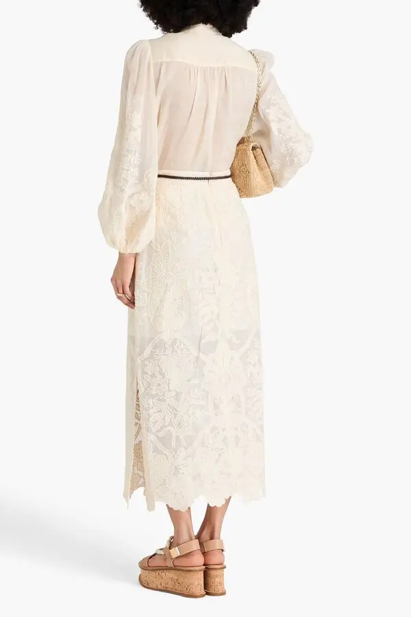 Zimmermann Embroidered Linen-gauze Midi Skirt