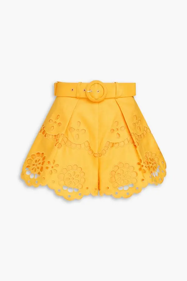 Zimmermann Belted Broderie Anglaise Linen Shorts - Saffron