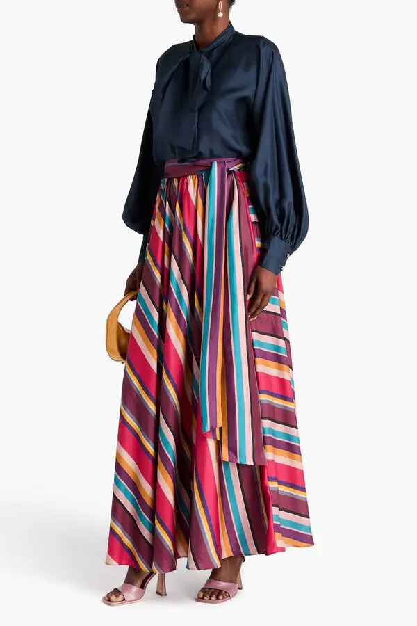 Zimmermann Belted Striped Silk-twill Maxi Skirt
