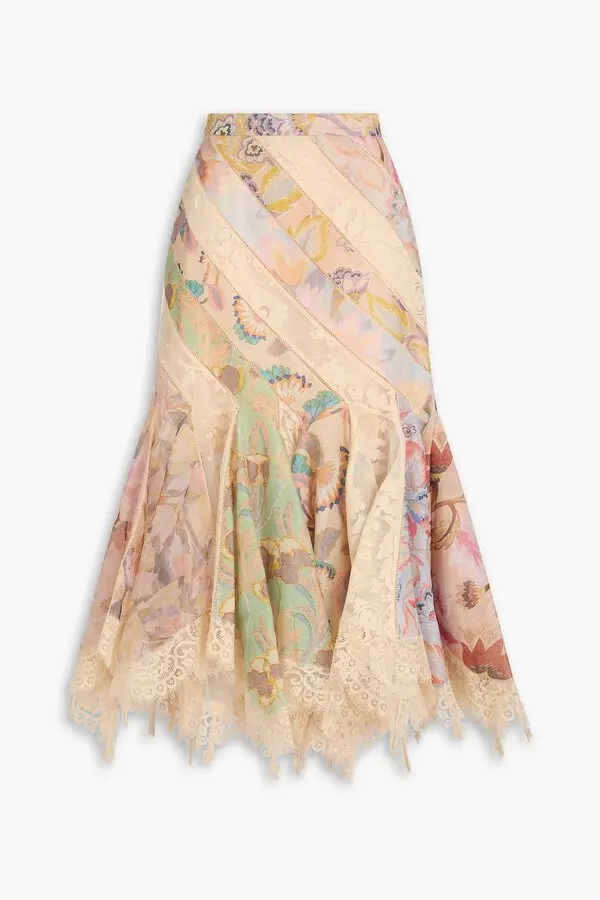 Zimmermann Lacetrimmed Floralprint Linen And Silkblend Organza Midi Skirt - Blush