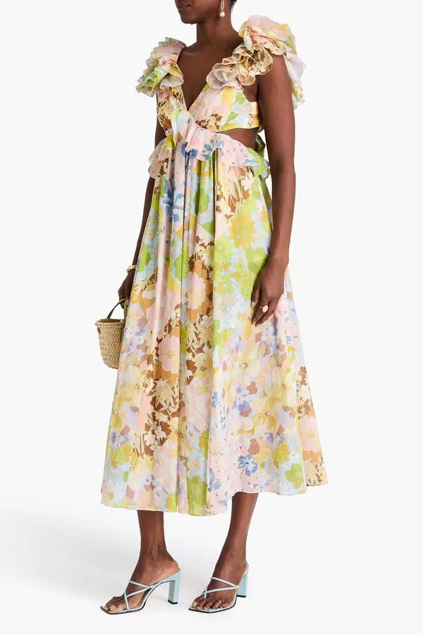 Zimmermann Cutout Ruffled Printed Cotton Midi Dress