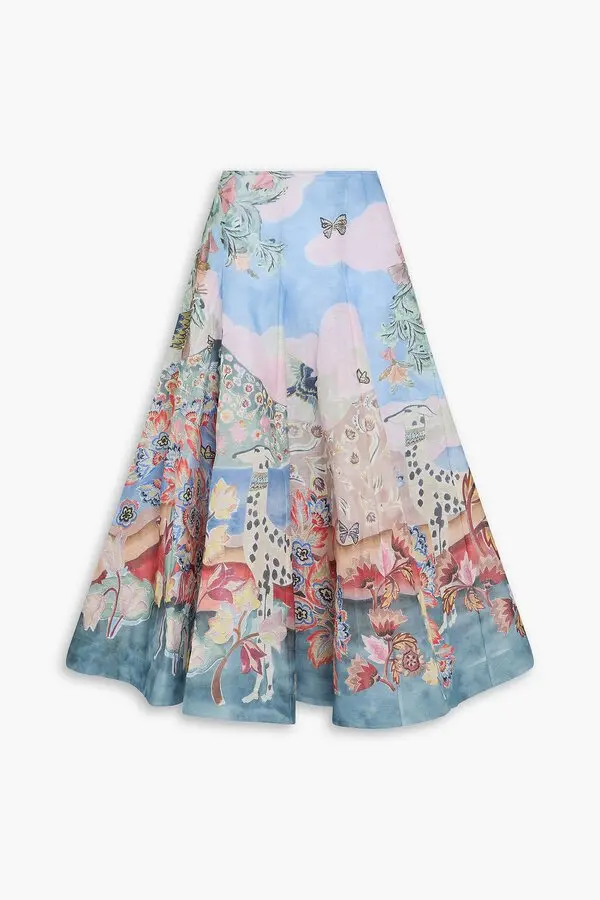 Zimmermann Floral Print Linen And Silk Blend Organza Midi Skirt - Light Blue