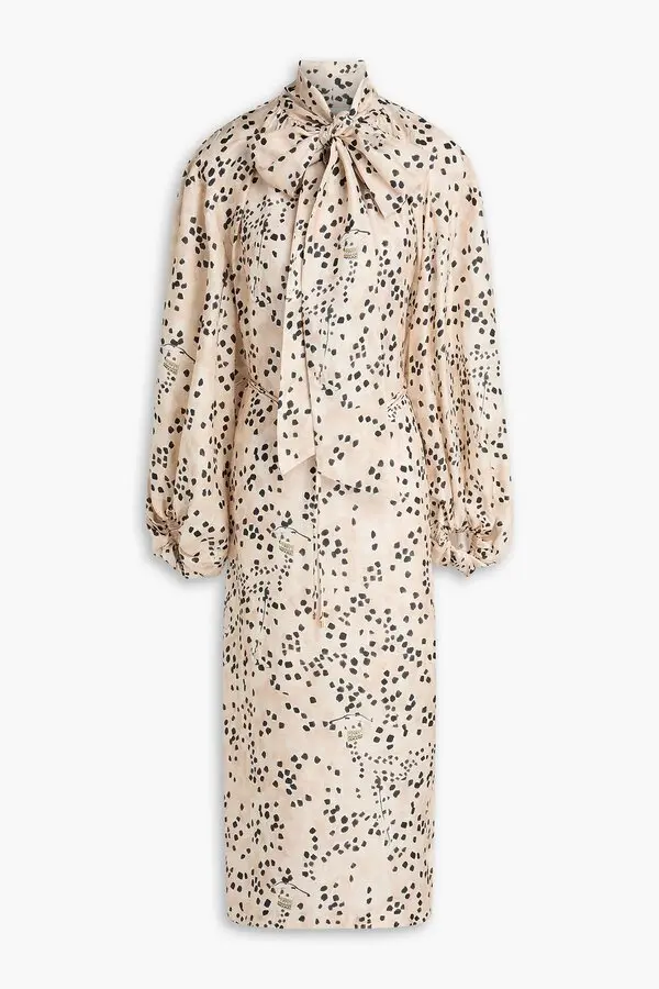 Zimmermann Printed Silk-twill Midi Dress With Pussy-bow Necktie - Beige