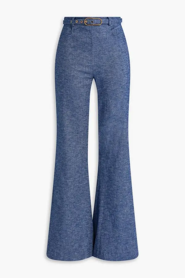 Zimmermann Belted Linenblend Chambray Flared Pants - Blue