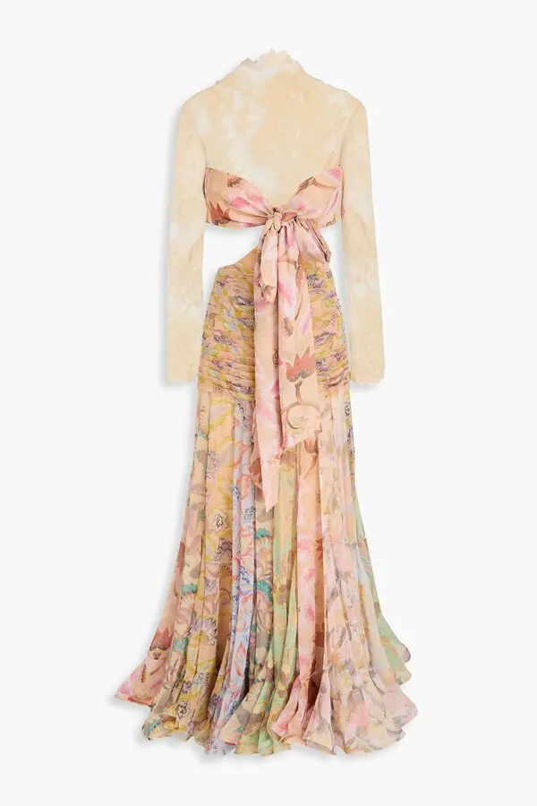 Zimmermann Lila" Floral Print Silk Georgette And Lace Maxi Dress - Blush