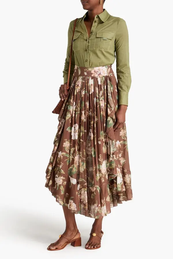 Zimmermann Ruffled Floralprint Cotton Midi Skirt