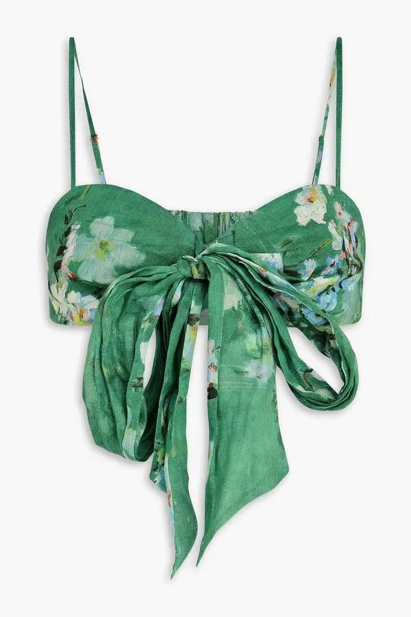 Zimmermann Bowdetailed Floralprint Linen Bra Top - Jade