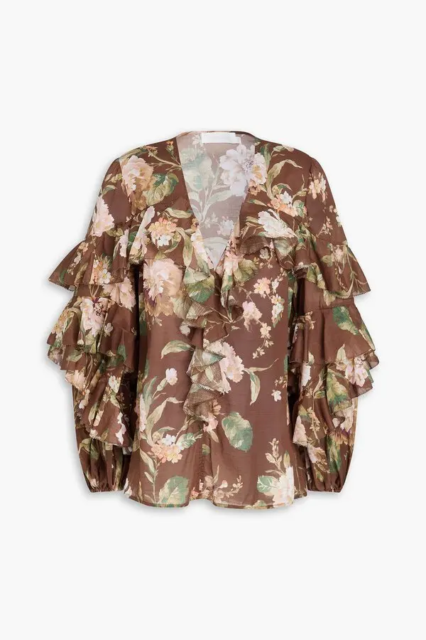 Zimmermann Ruffled Floralprint Cottonvoile Top - Brown