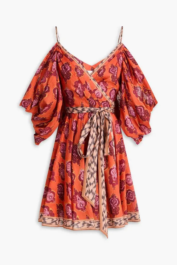 Zimmermann Coldshoulder Printed Cottongauze Mini Wrap Dress