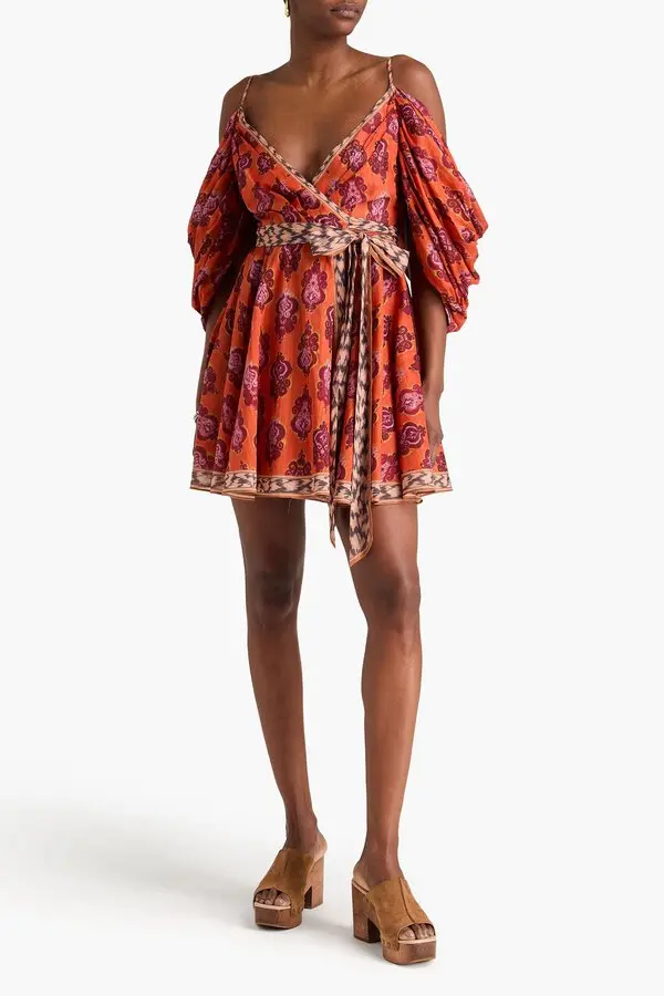 Zimmermann Coldshoulder Printed Cottongauze Mini Wrap Dress