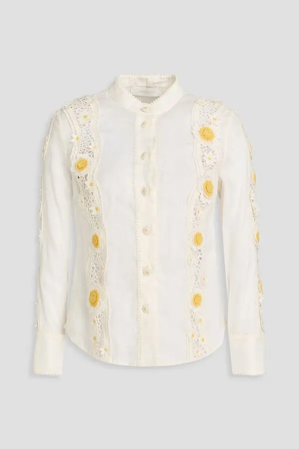 Zimmermann Floralappliquéd Lacetrimmed Linen Shirt - Ivory