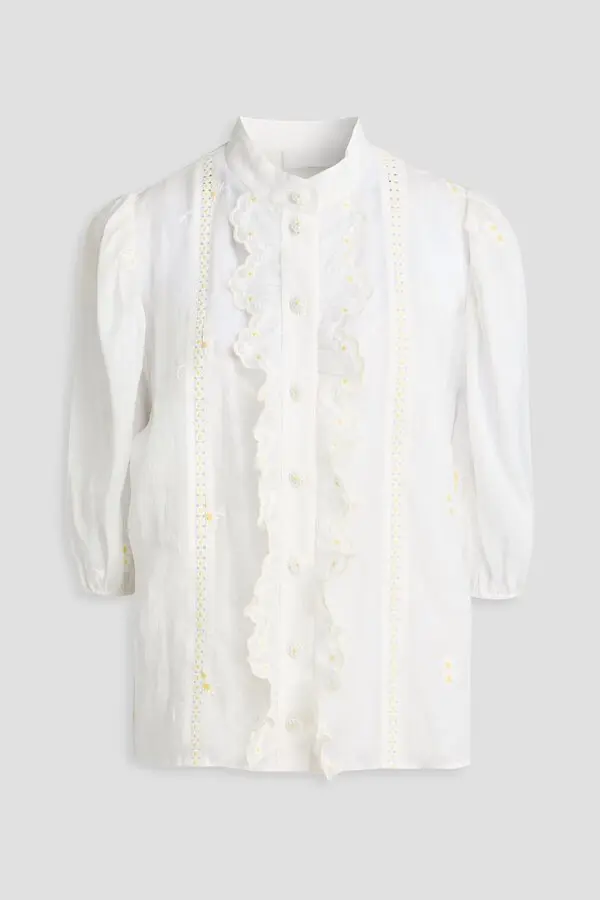 Zimmermann Lacetrimmed Ruffled Ramie Blouse - Ivory