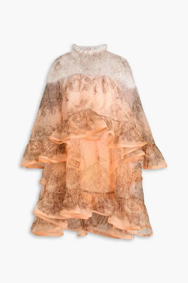 Zimmermann Faux Pearlembellished Ruffled Paisleyprint Silkchiffon Mini Dress - Peach