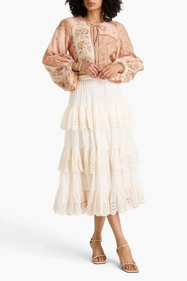 Zimmermann Tiered Broderie Anglaise Cotton Midi Skirt
