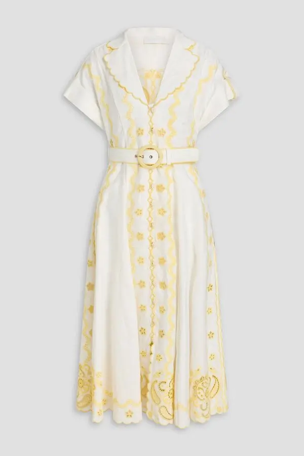 Zimmermann Belted Embroidered Linen Midi Shirt Dress - Ivory