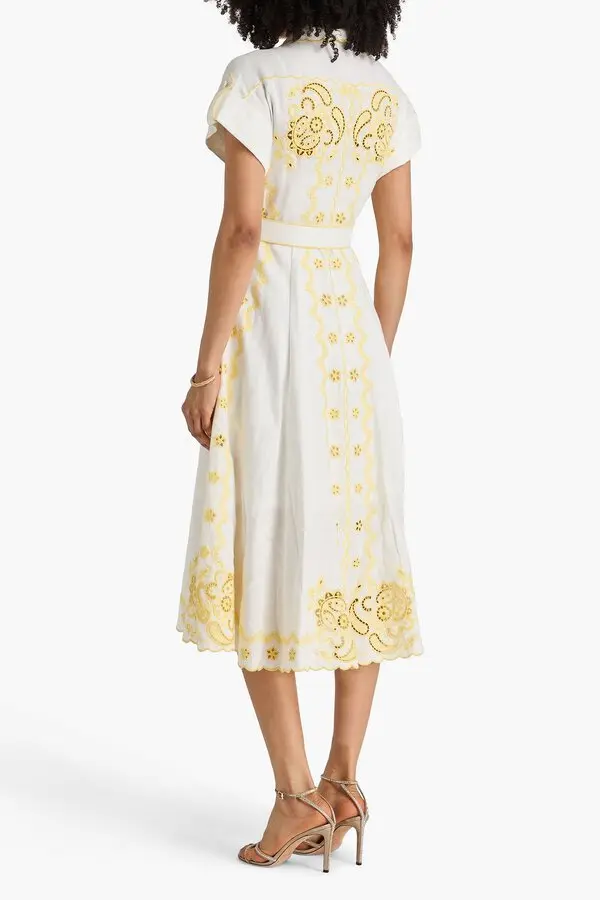 Zimmermann Belted Embroidered Linen Midi Shirt Dress