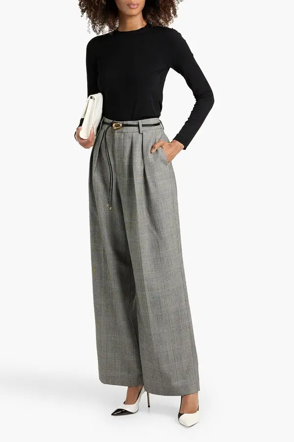 Zimmermann Belted Prince Of Wales Checked Wool-blend Wide-leg Pants
