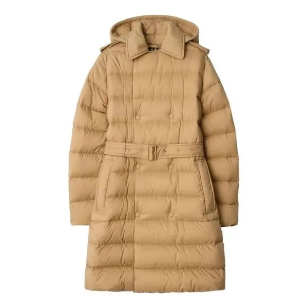 Burberry Double Breasted Belted Hooded Puffer Coat - Beige