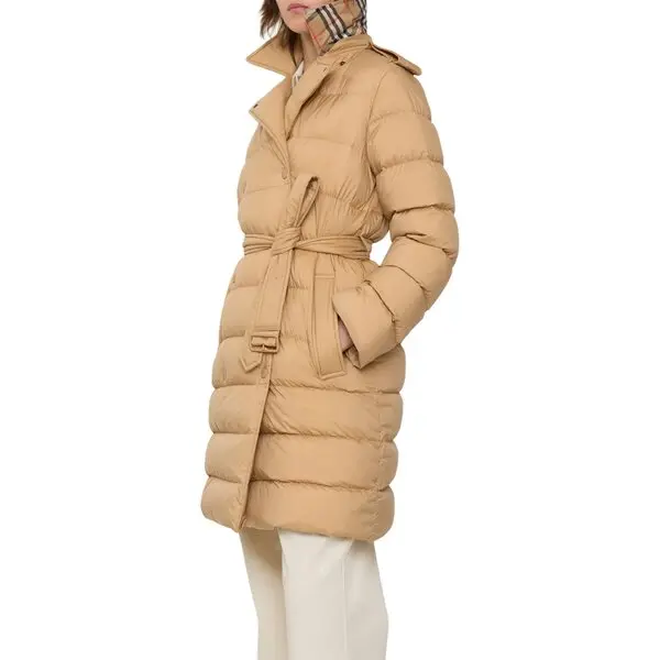 Burberry Double Breasted Belted Hooded Puffer Coat - Beige