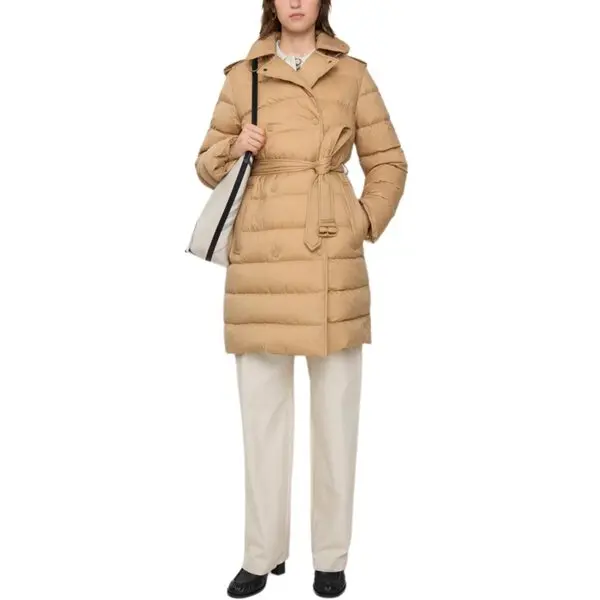 Burberry Double Breasted Belted Hooded Puffer Coat - Beige