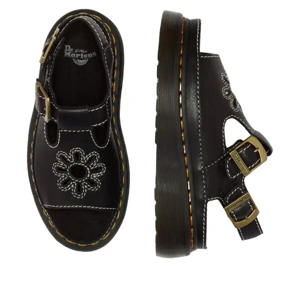 Dr. Martens Floral Detail Leather Platform Sandals - Black